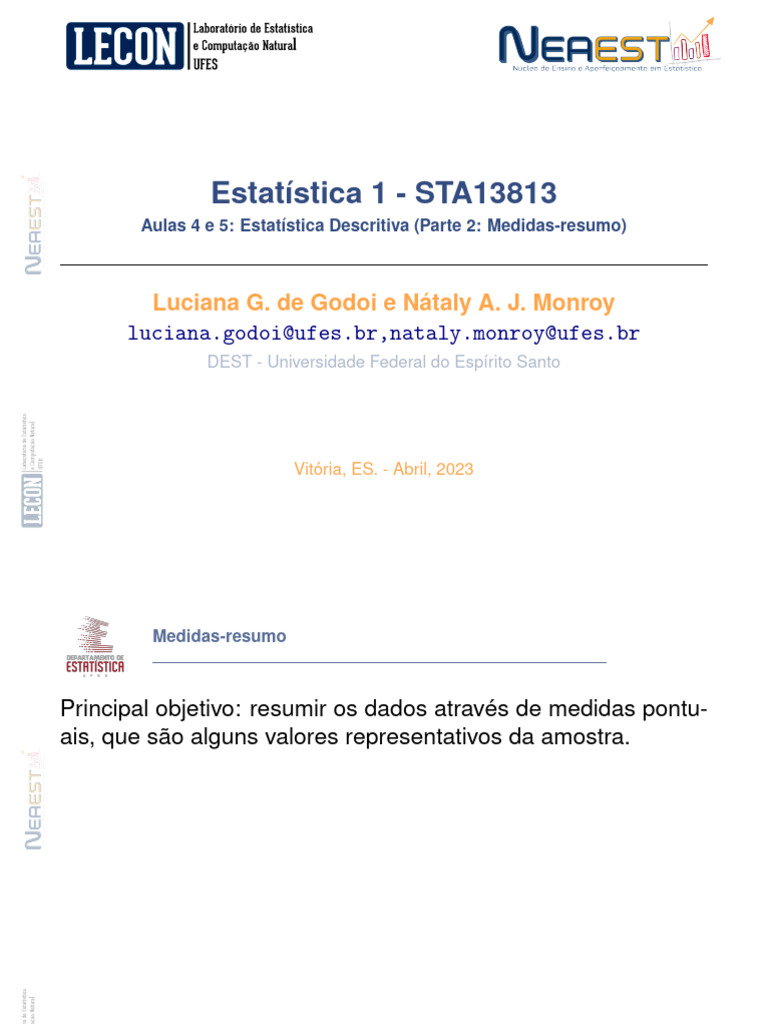 Aula 4 e 5 Estat Stica Descritiva Medidas Resumo | PDF | Modo (Estatística) | Mediana (Estatística)