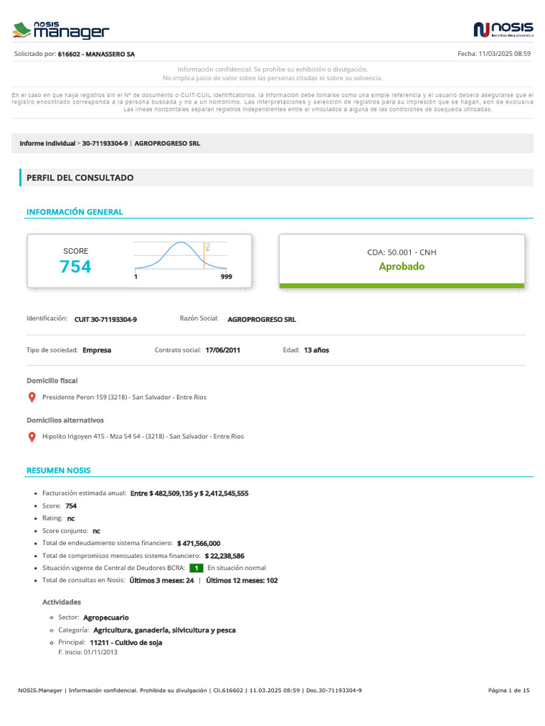NOSIS Manager InformeIndividual 30711933049 616602 20250311085928 | PDF