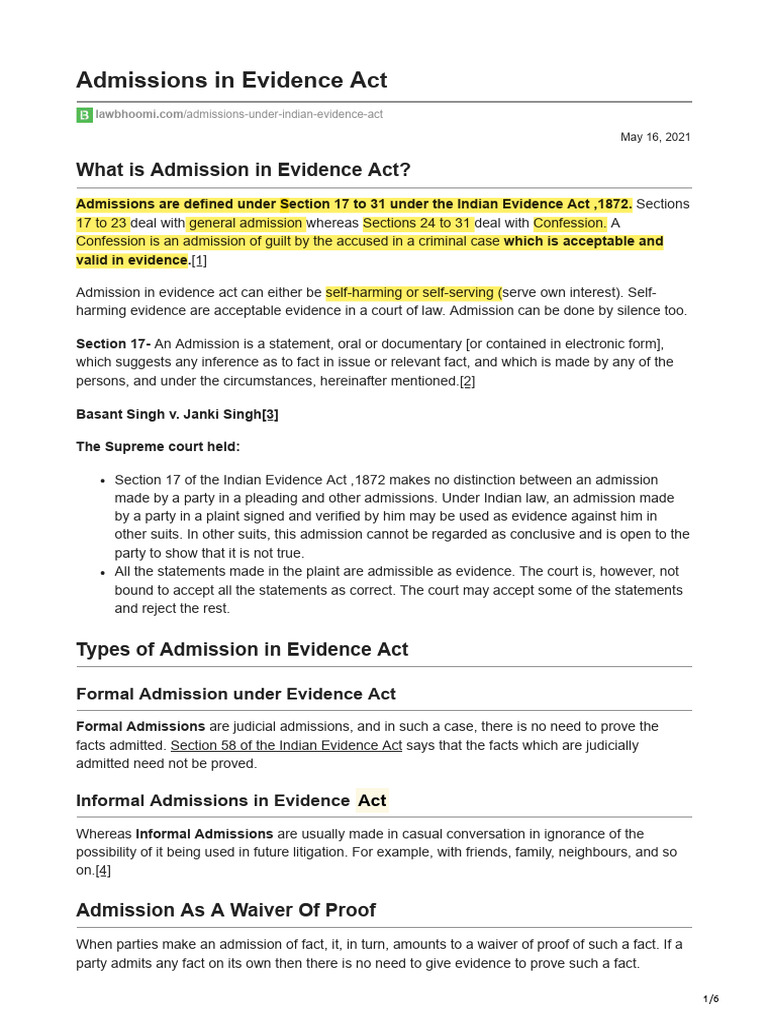 Admissions in Evidence Act | PDF | Evidence (Law) | Common Law