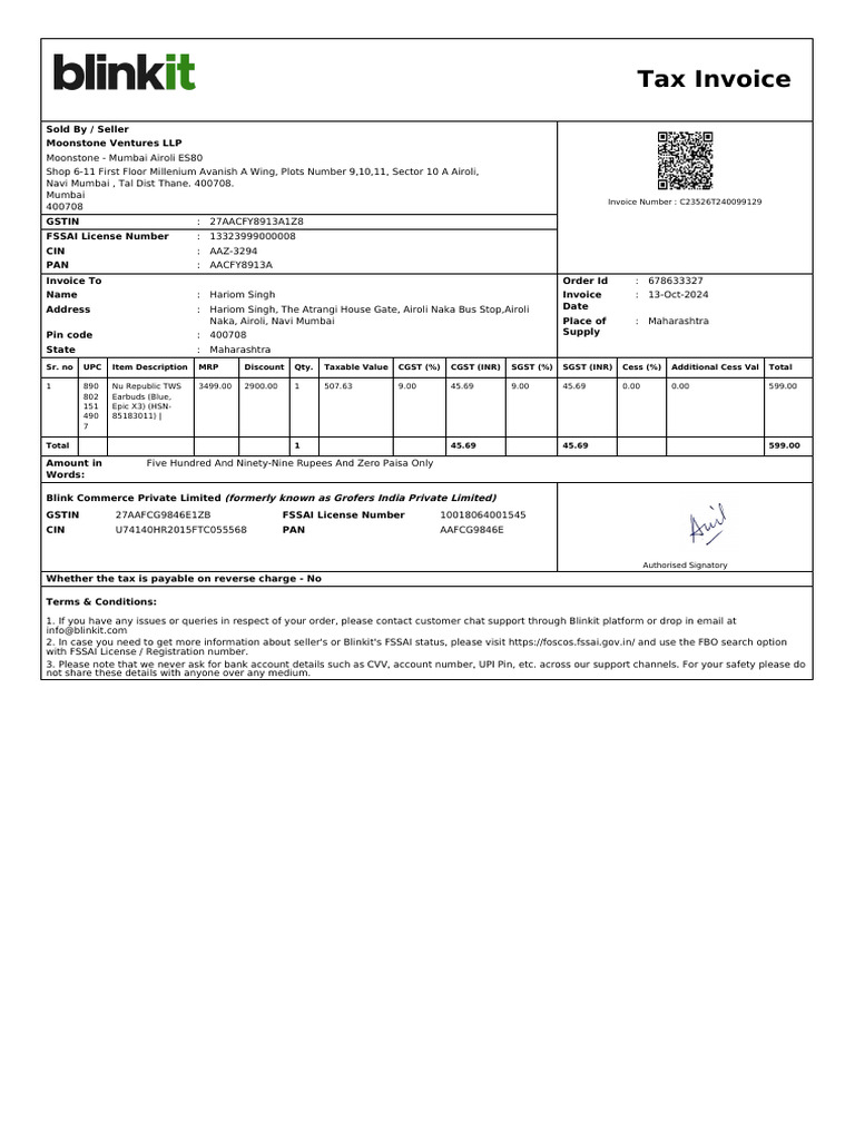 Moonstone Ventures Tax Invoice | PDF | Taxation | Economy Of India