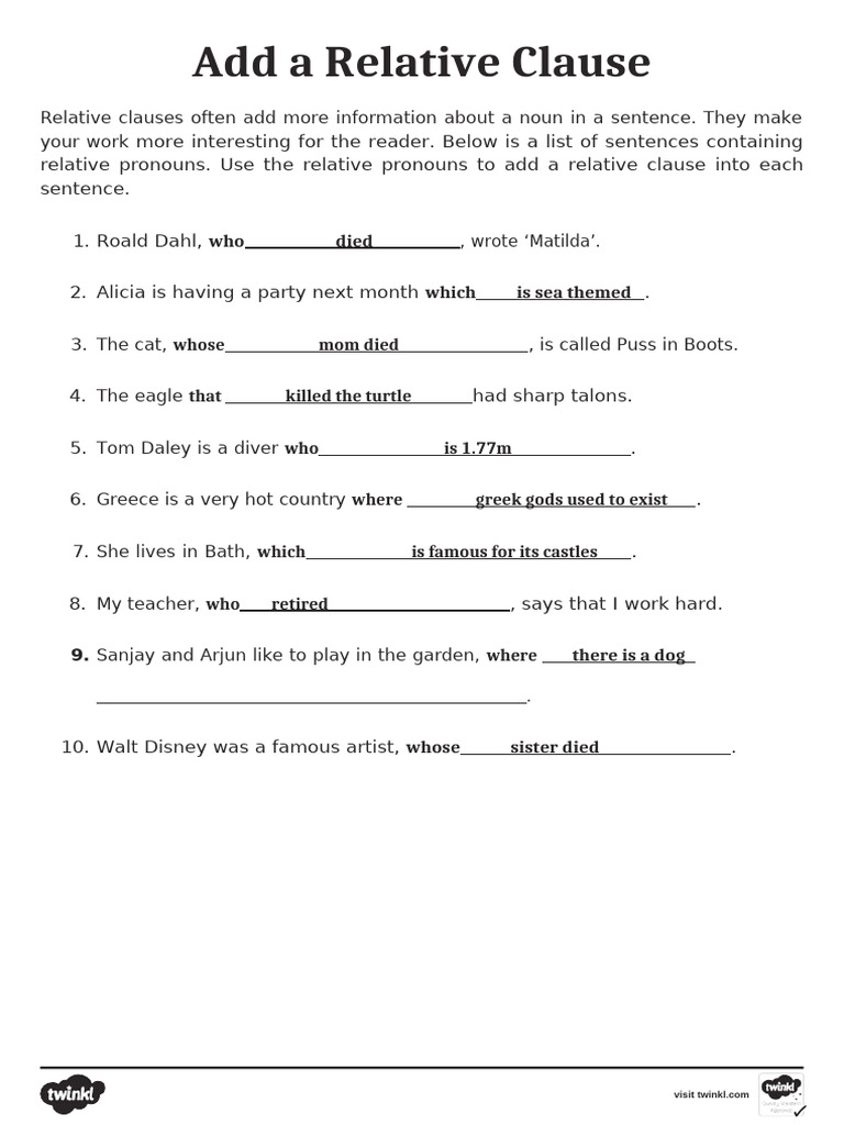 Add a Relative Clause Activity Sheet | PDF