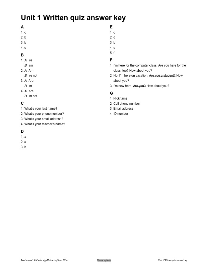 Touchstone 1 Unit 1 Quiz Answer Key | PDF