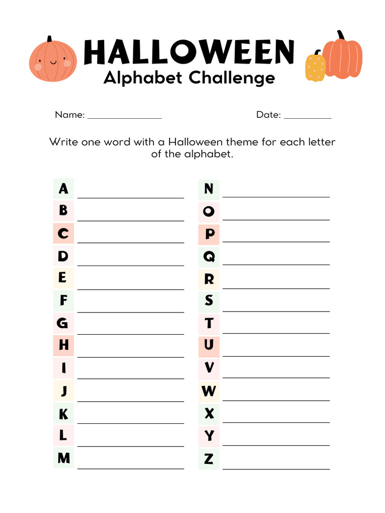 Halloween Alphabet Challenge Worksheet in Yellow White Orange Simple ...