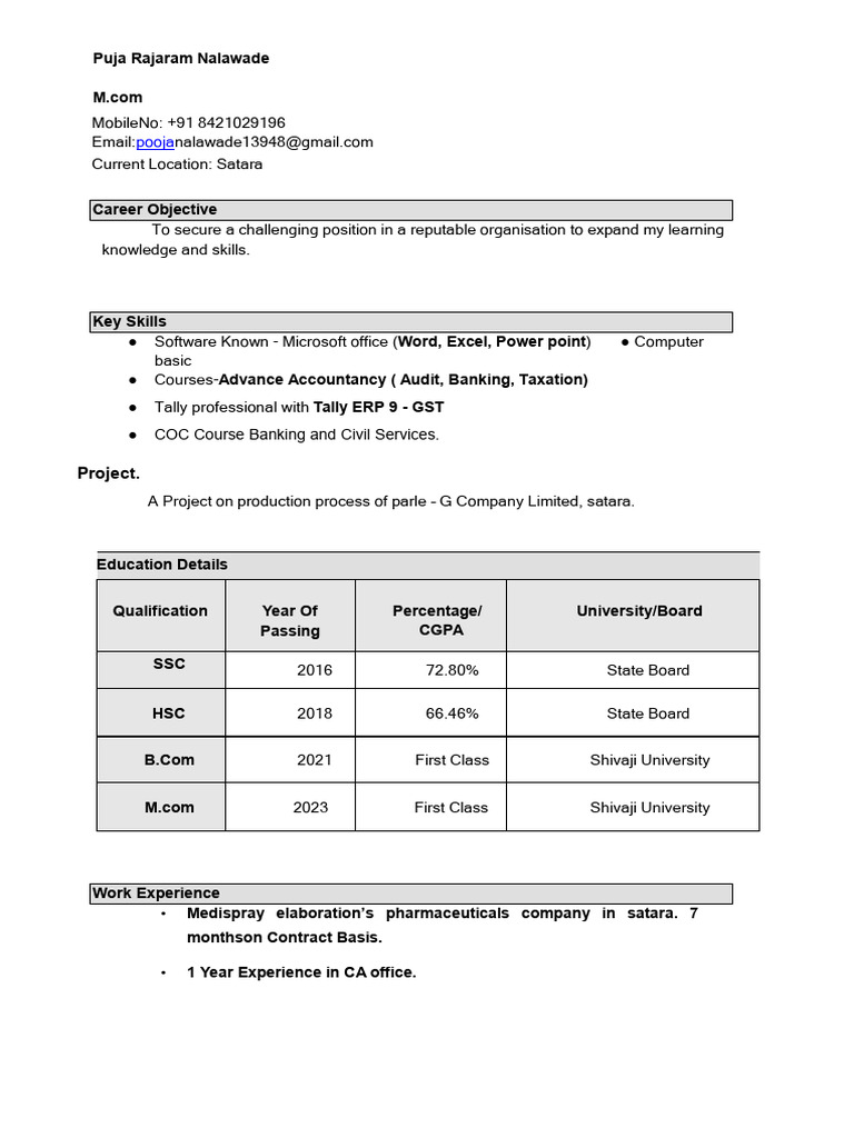 Puja Nalawade M.com Resume | PDF