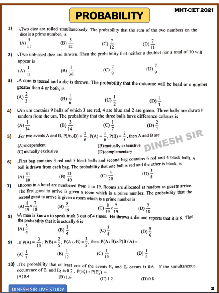 006) (2021 Maths Pyq Questions) Probability | PDF