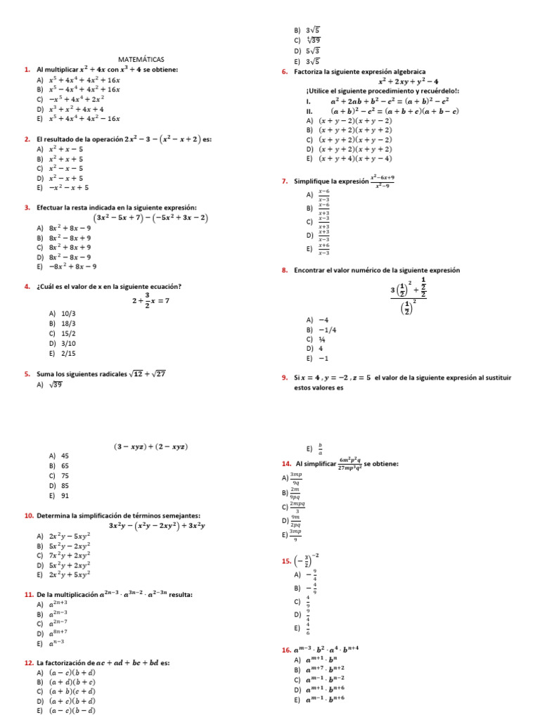 Examen Control Algebra Con Factorización Sin Clave | PDF | Factorización | Aritmética