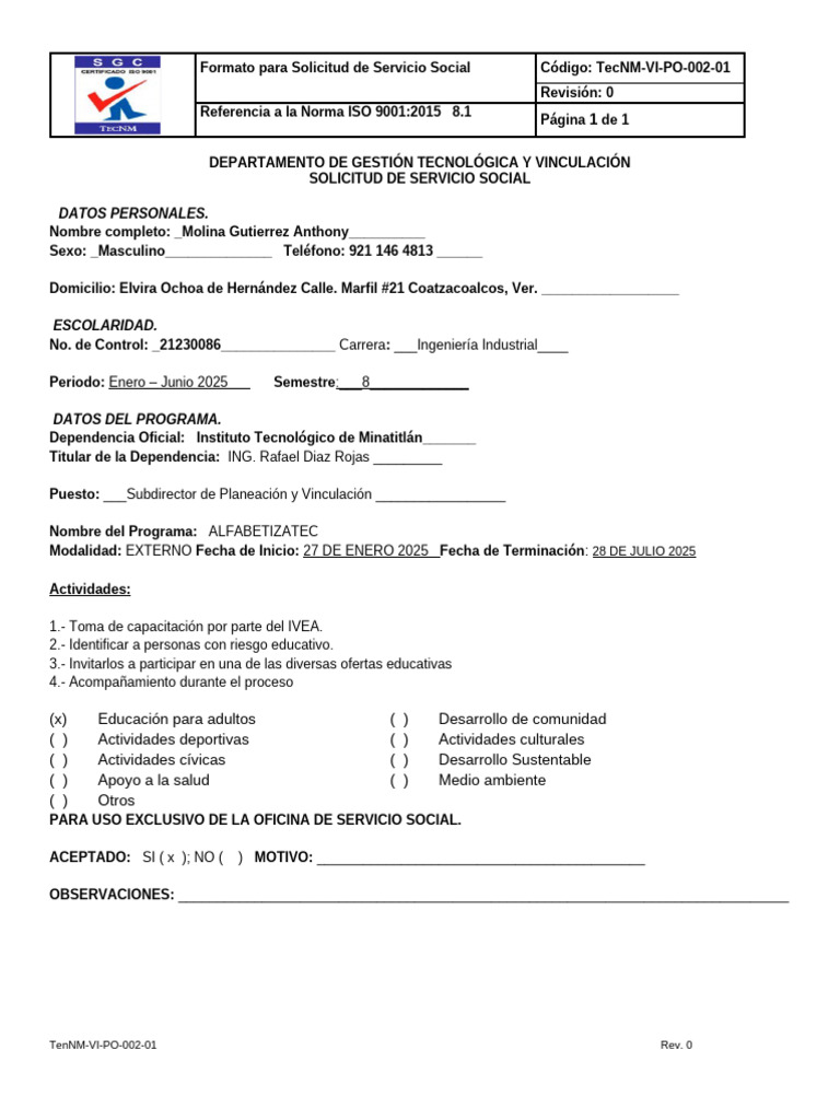 6 TecNM-VI-PO-002-01 SOLICITUD DE SERVICIO SOCIAL | PDF