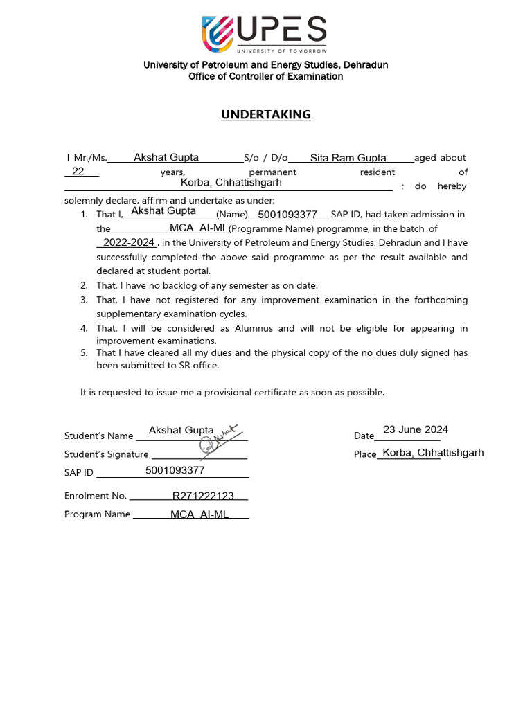 UNDERTAKING For Provisional Certificate | PDF