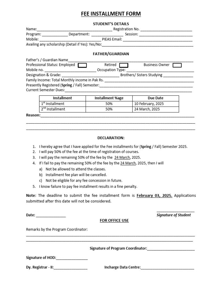 FeeInstallmentForm Spring25 | PDF