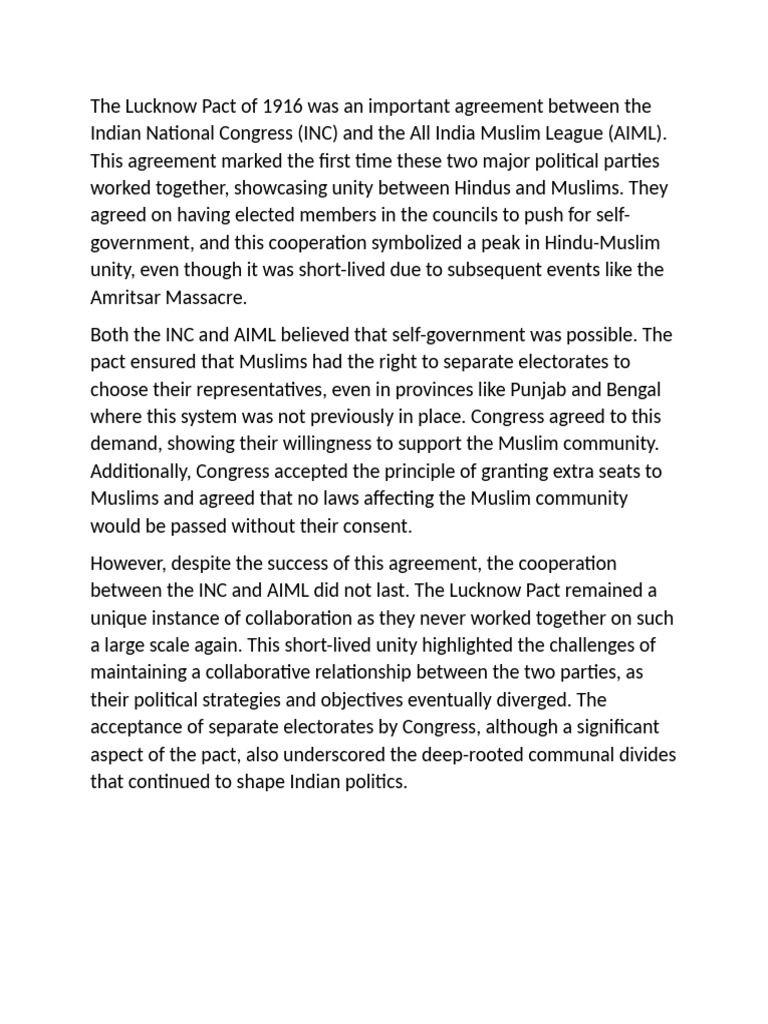 The Lucknow Pact of 1916 Was An Important Agreement Between The Indian ...