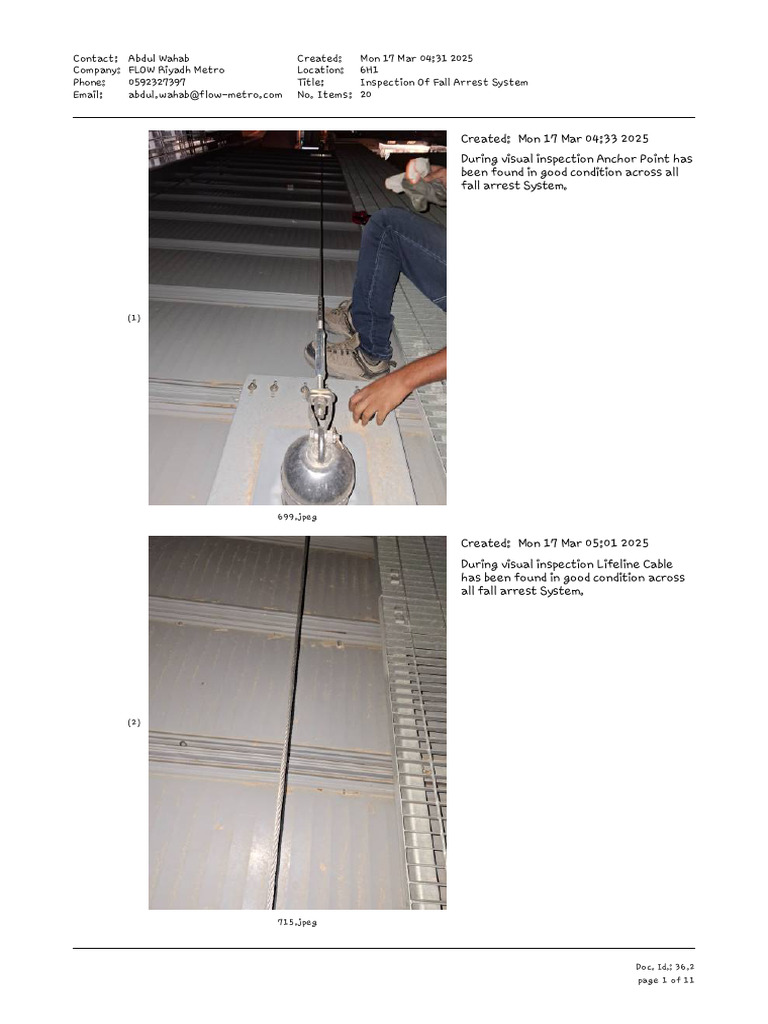 Inspection Of Fall Arrest System in 6H1. | PDF | Safety | Working ...