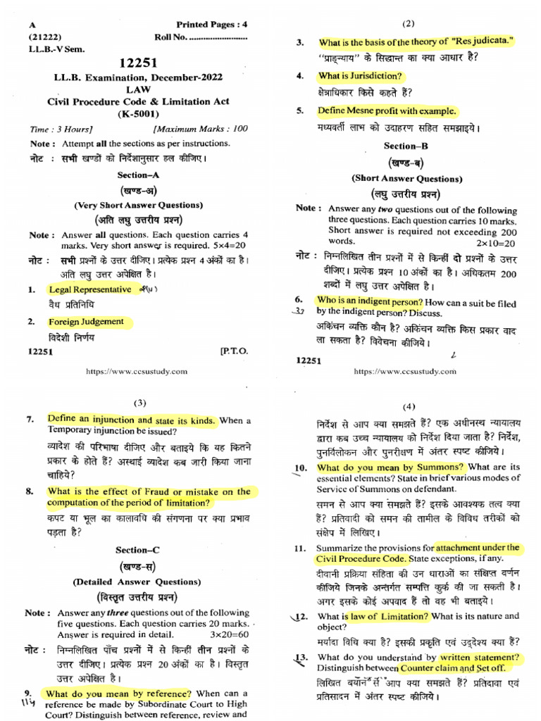 LLB 5 Sem Law Civil Procedure Code and Limitation Act 12251 Dec 2022 ...