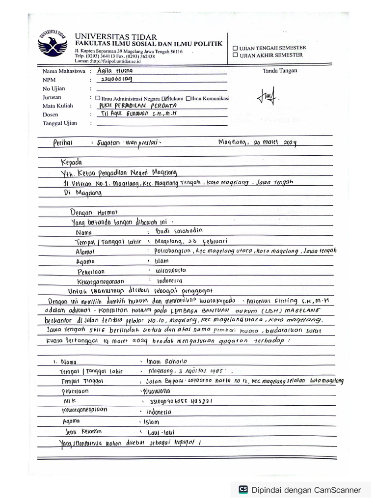 Aqila Husna - 2240601129 - K4 PLKH PERDATA (SURAT GUGATAN) | PDF