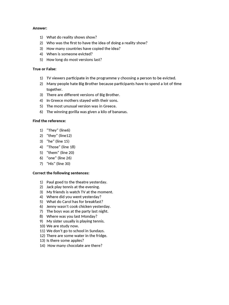 Big Brother Extra Activities | PDF