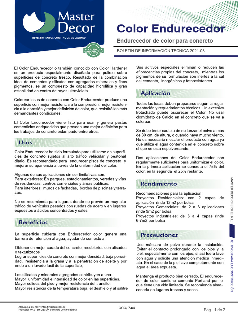 MD FT21 Color Endurecedor | PDF | Hormigón | Cemento