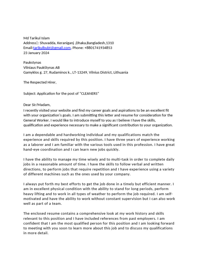 Cover Letter - General Worker | PDF