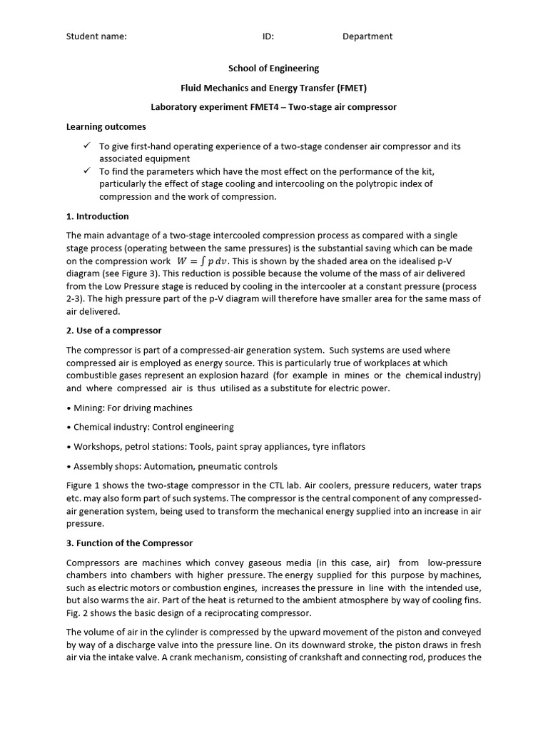 Two-Stage Air Compressor Experiment | PDF | Piston | Flow Measurement