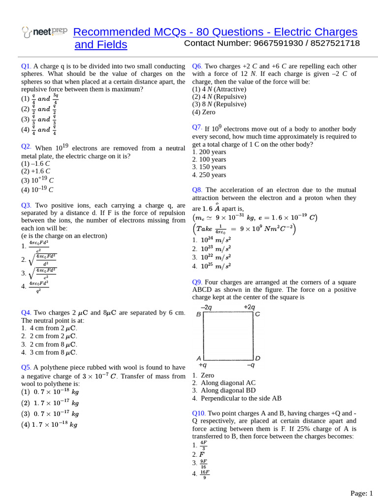 Electric Charges & Fields Conceptual Questions | PDF | Sphere | Electric Field