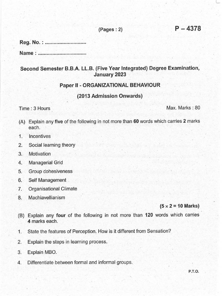 2023 Jan 2 Sem BBA (2020) Organizational Behaviour | PDF