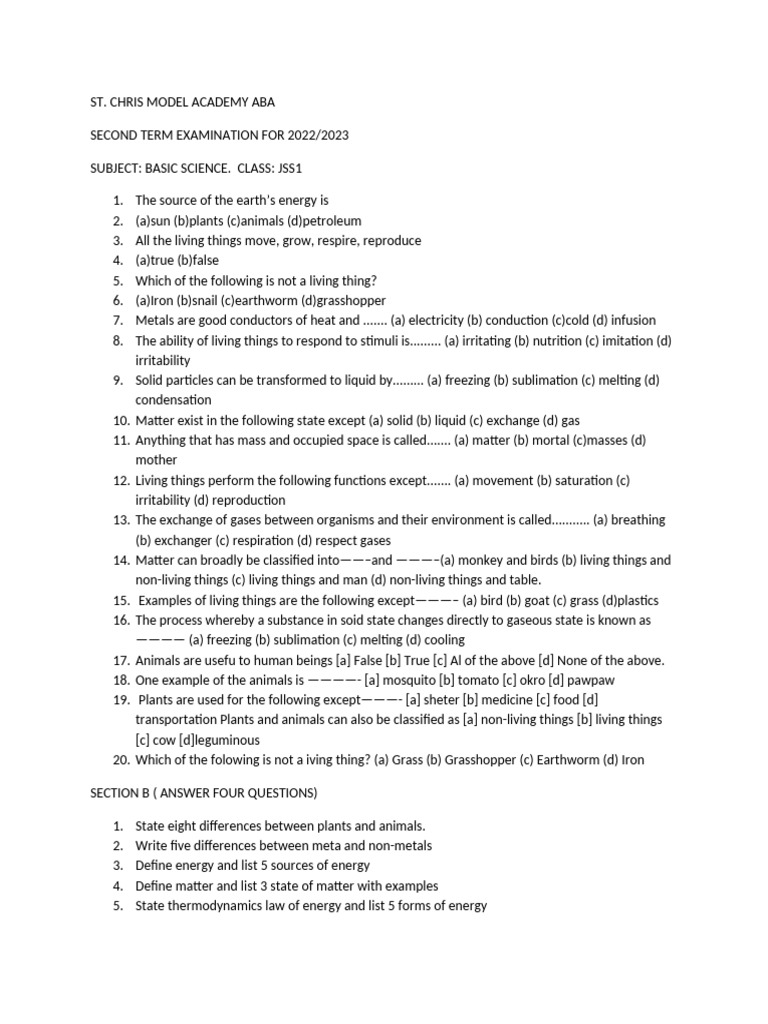 Jss1 Basic Science-WPS Office | PDF | Life | Liquids