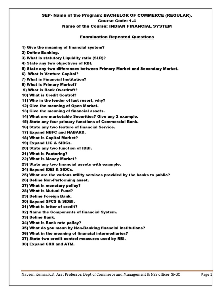 Examination Repeated Questions-1.4-SEP-BCOM-IFS | PDF | Reserve Bank Of India | Banks