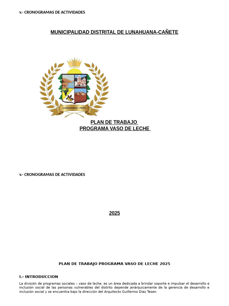 Plan de Trabajo Programa Vaso de Leche 2025 | PDF | Nutrición | Dieta y ...