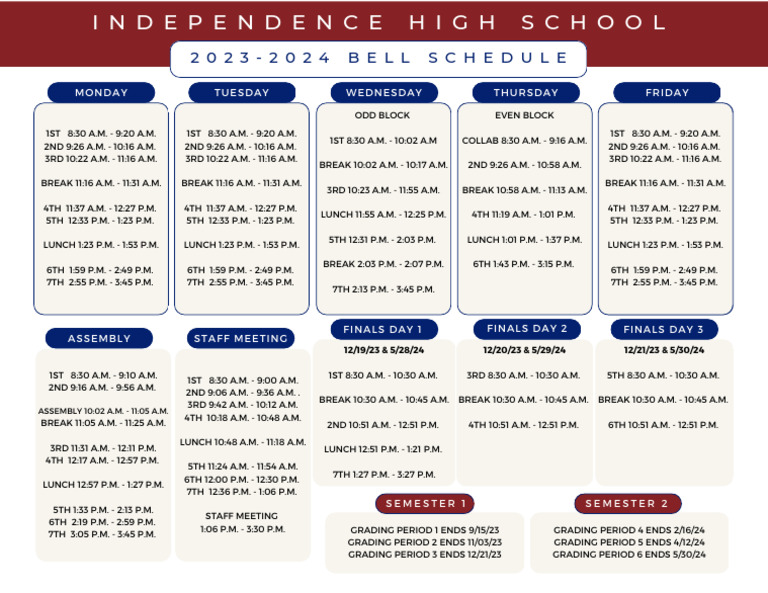 2023-2024 School Bell Schedule | PDF
