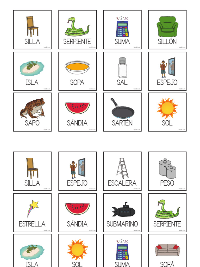 Bingo La letra S - Tarjetas de dibujo y palabra Letra Ligada Mayusculas ...