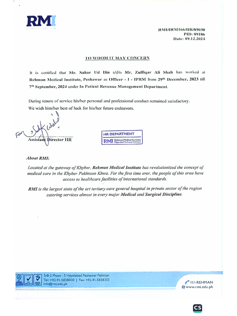 Sahar Ud Din RMI Experience | PDF