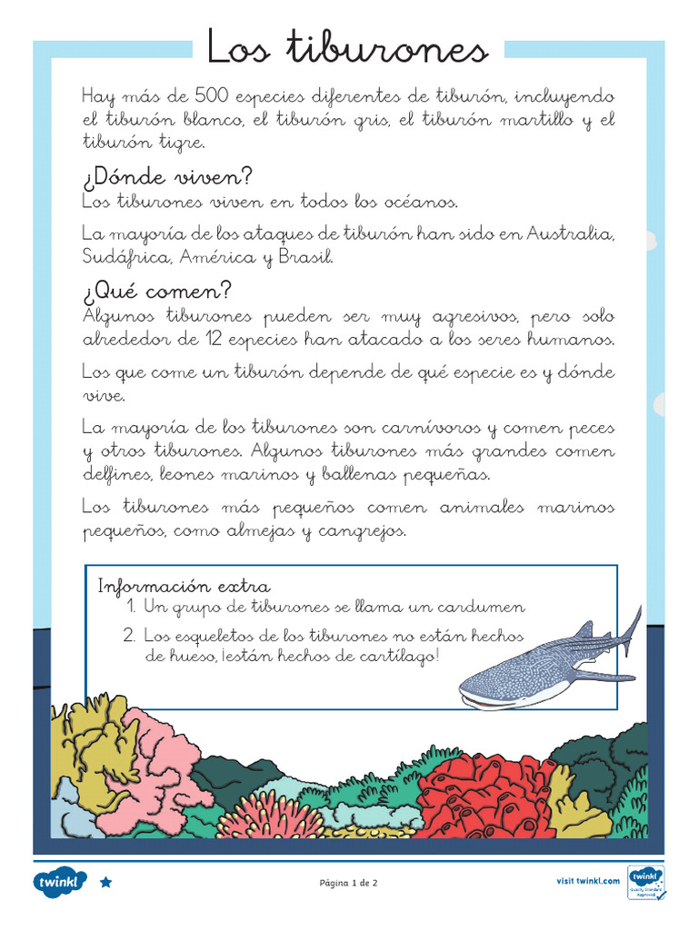 Comprensión Lectora Por Niveles - Los Tiburones | PDF | Tiburones ...