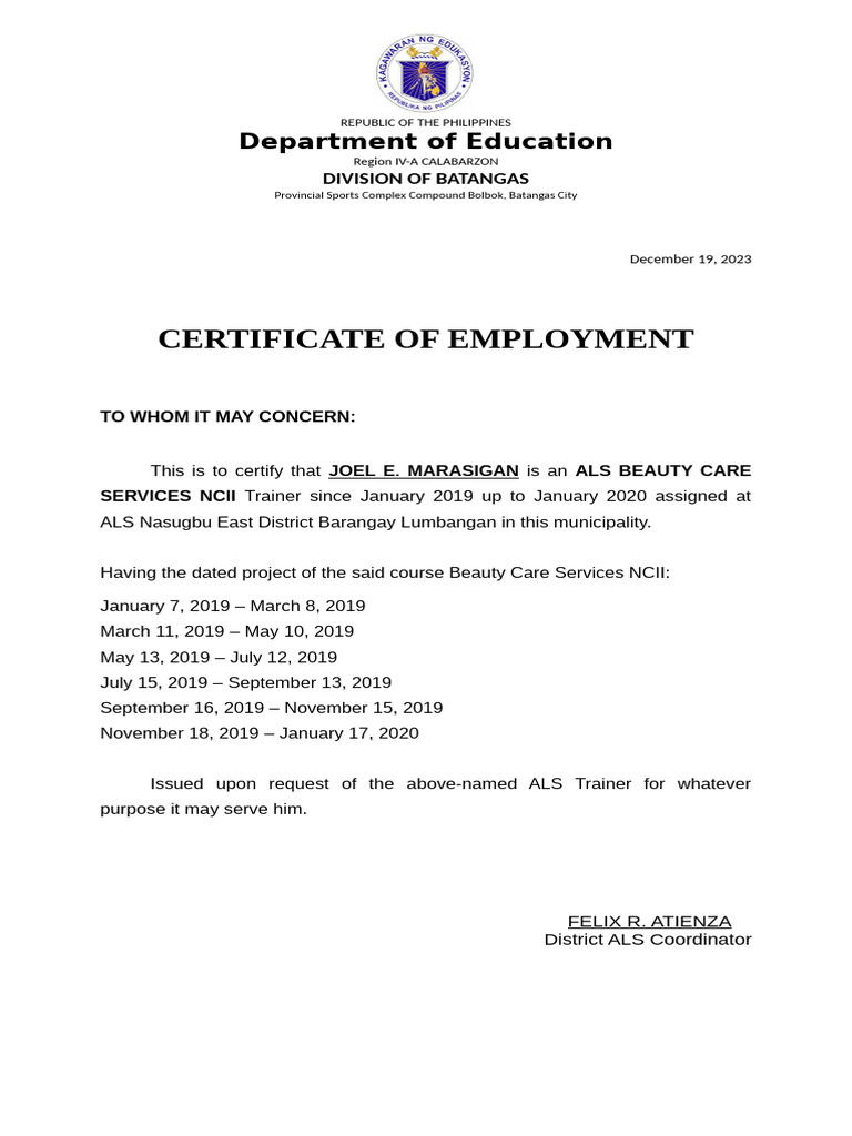 Ertificate of Emplyment ALS | PDF
