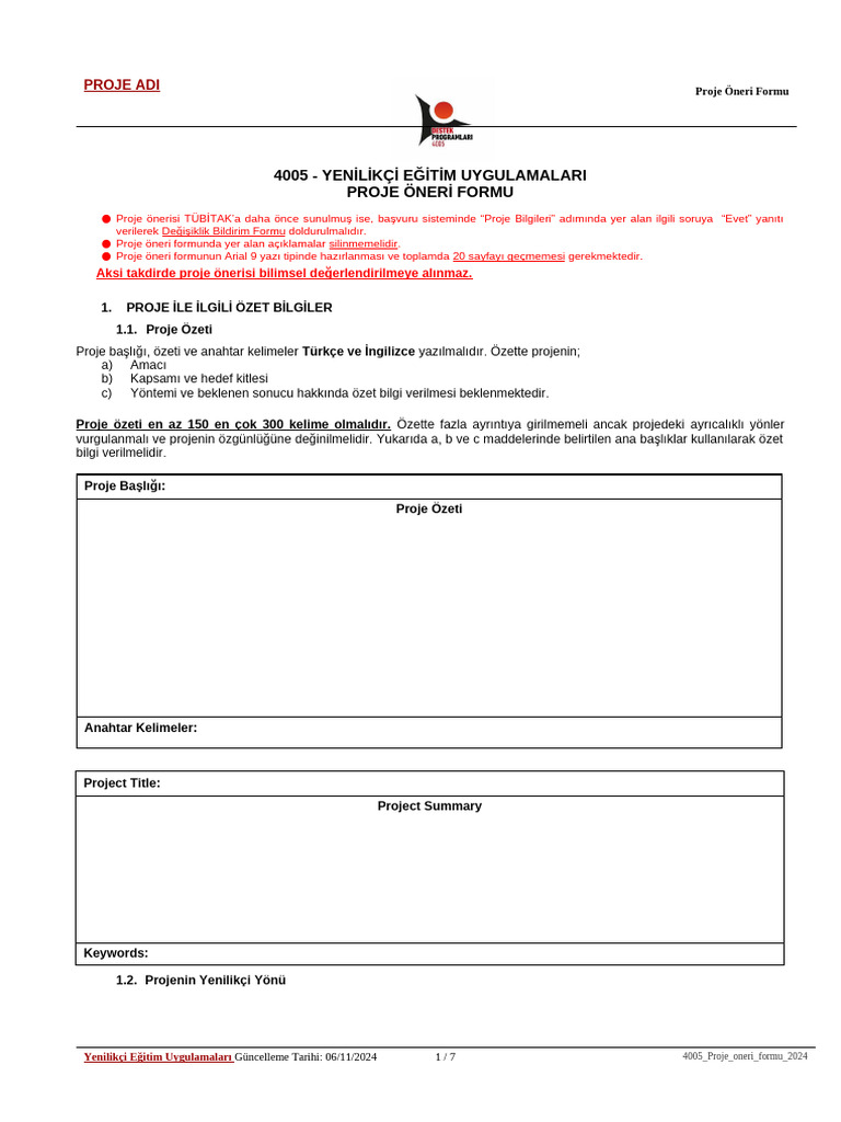 4005 Proje Oneri Formu 2024 1 | PDF