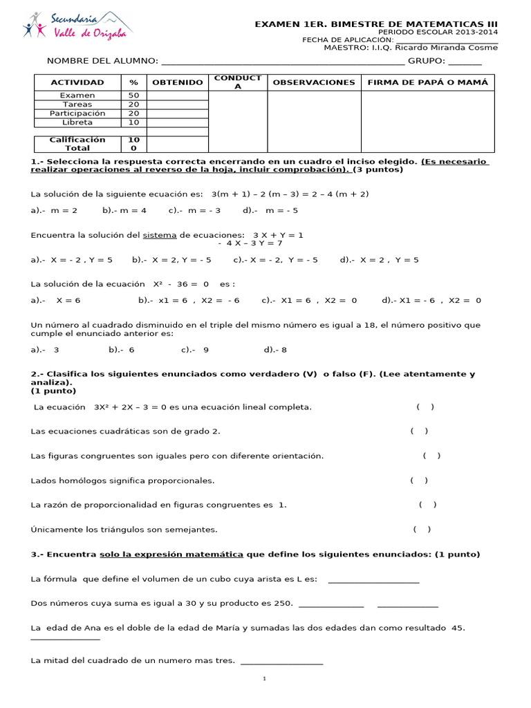 Examen Matematicas III Primer Parcial. | PDF | Geometría euclidiana | Geometría