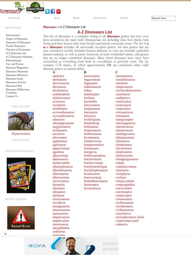 Complete A-Z Dinosaur Names List | PDF | Dinosaurs | Paleontology