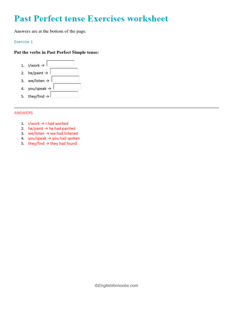 Past Perfect Tense Exercises Worksheet | PDF