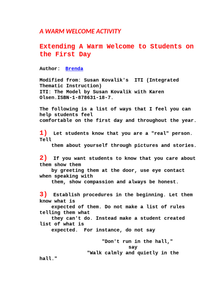 First Day Classroom Welcome Strategies | PDF