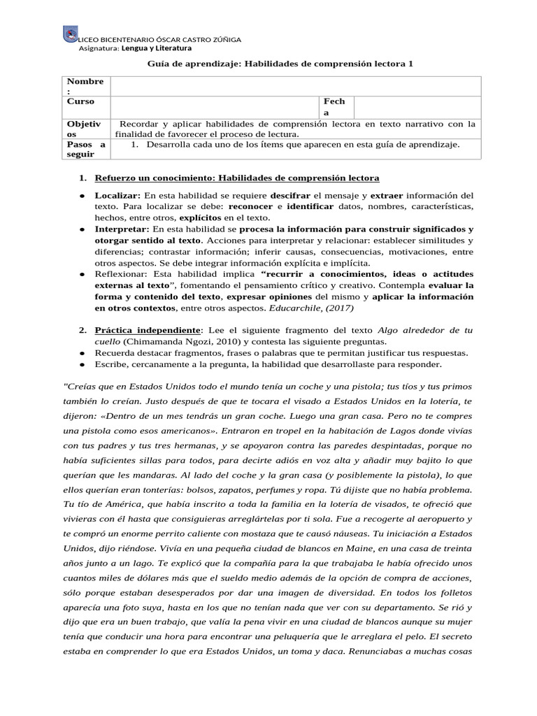 Guía Habilidades de Comprensión Lectora 1 | PDF | Comprensión lectora | Cognición