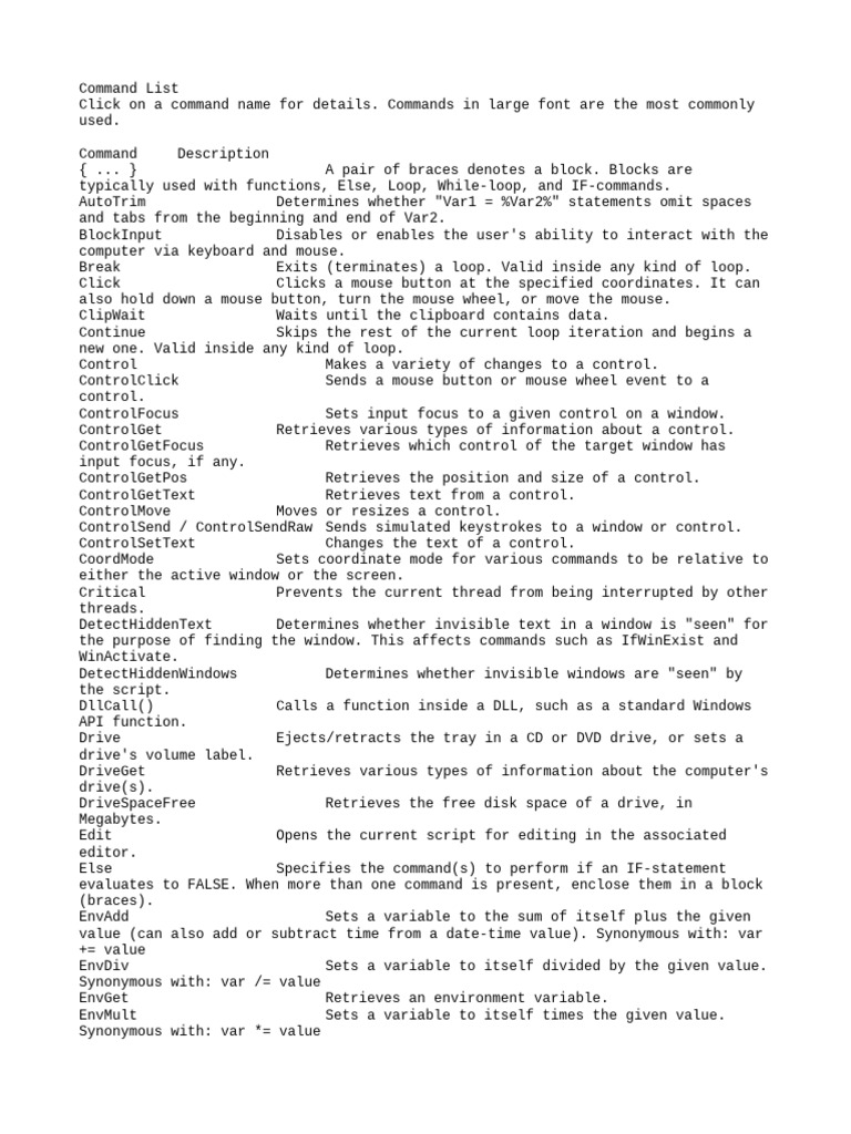 Alphabetical Command List For AutoHotkey | PDF | Computer File | Control Flow