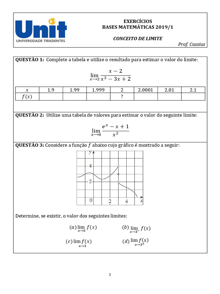 Bases Matematicas Provas e Atividades1 | PDF | Limite (Matemática ...