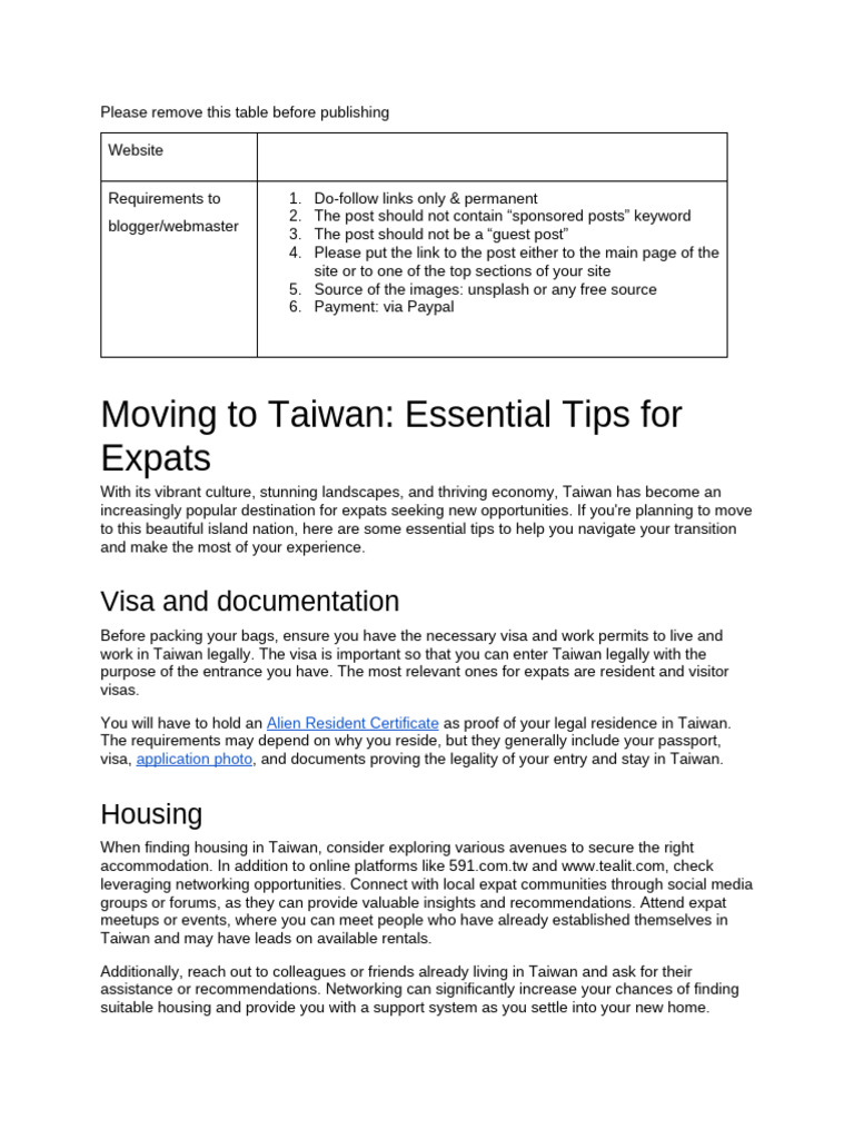 Moving To Taiwan - Essential Tips For Expats | PDF | Travel Visa | Taiwan