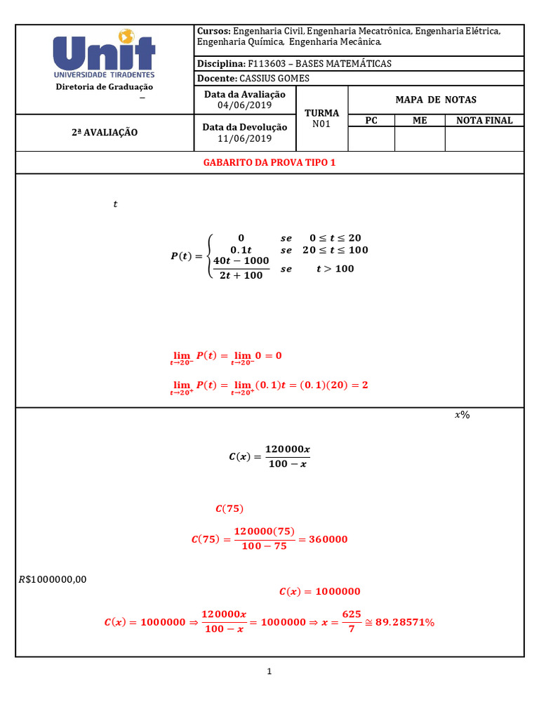 Bases Matematicas Provas e Atividades2 | PDF | Engenharia | Derivado