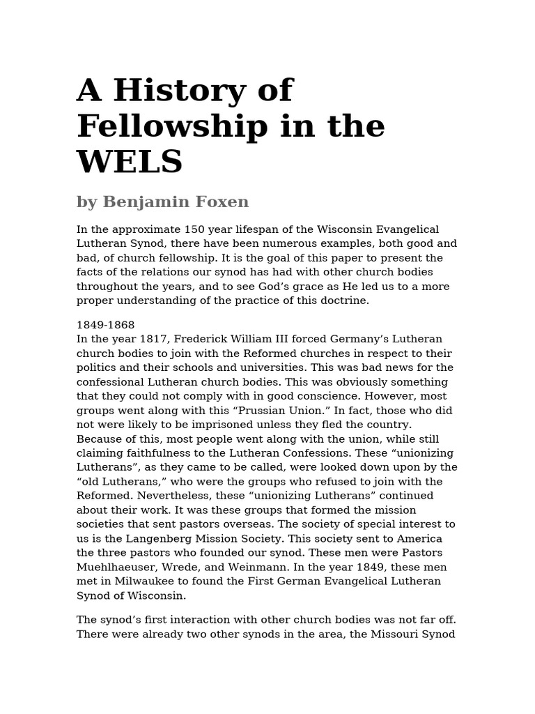 WELS Church Fellowship History | PDF | Lutheranism | Christian ...