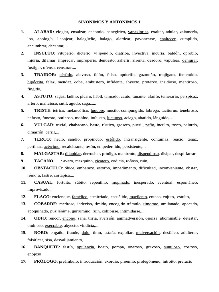 SINONIMOS Y ANTONIMOS EJERCICIOS | PDF