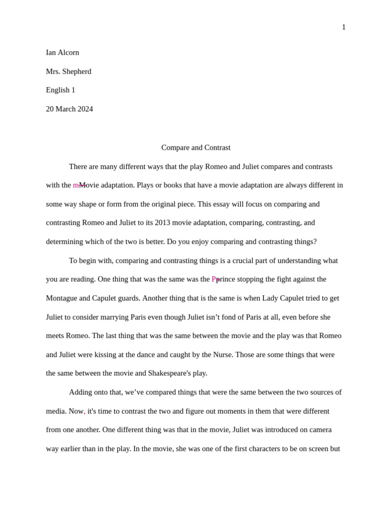 Romeo and Juliet Compare and Contrast Essay | PDF