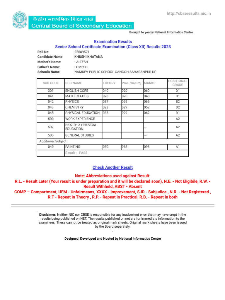 CBSE - Senior School Certificate Examination (Class XII) Results 2023 ...