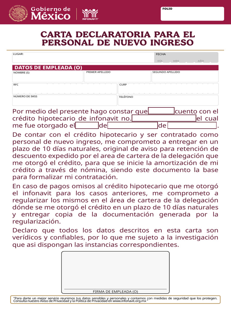 Carta Declaratoria de 6 Crédito Hipotecario Infonavit | PDF