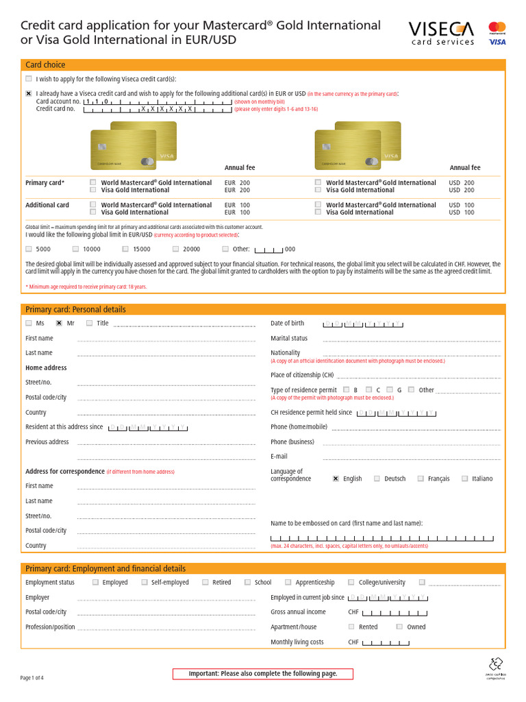 Viseca Credit Card Application Form | PDF | Credit Card | Visa Inc.