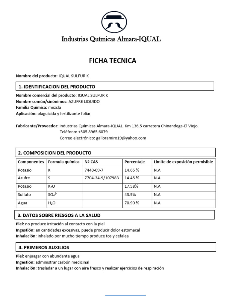 Ficha Técnica de Azufre Líquido IQUAL | PDF | Agua | Fertilizante