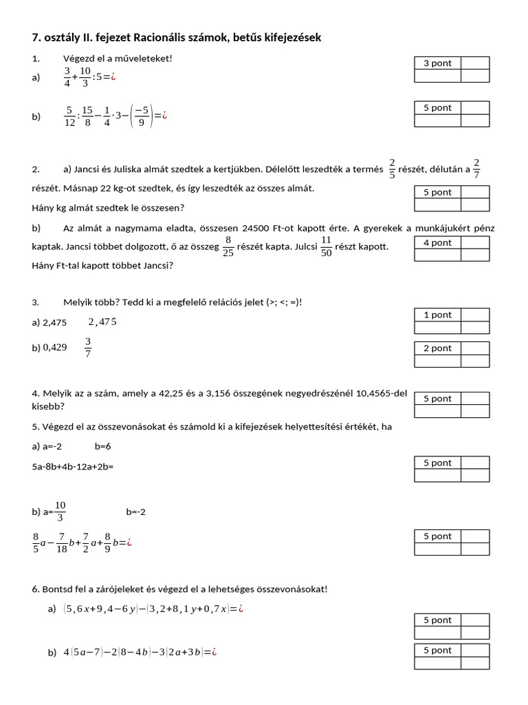 Osztály II. Fejezet Racionális Számok, Betűs Kifejezések | PDF