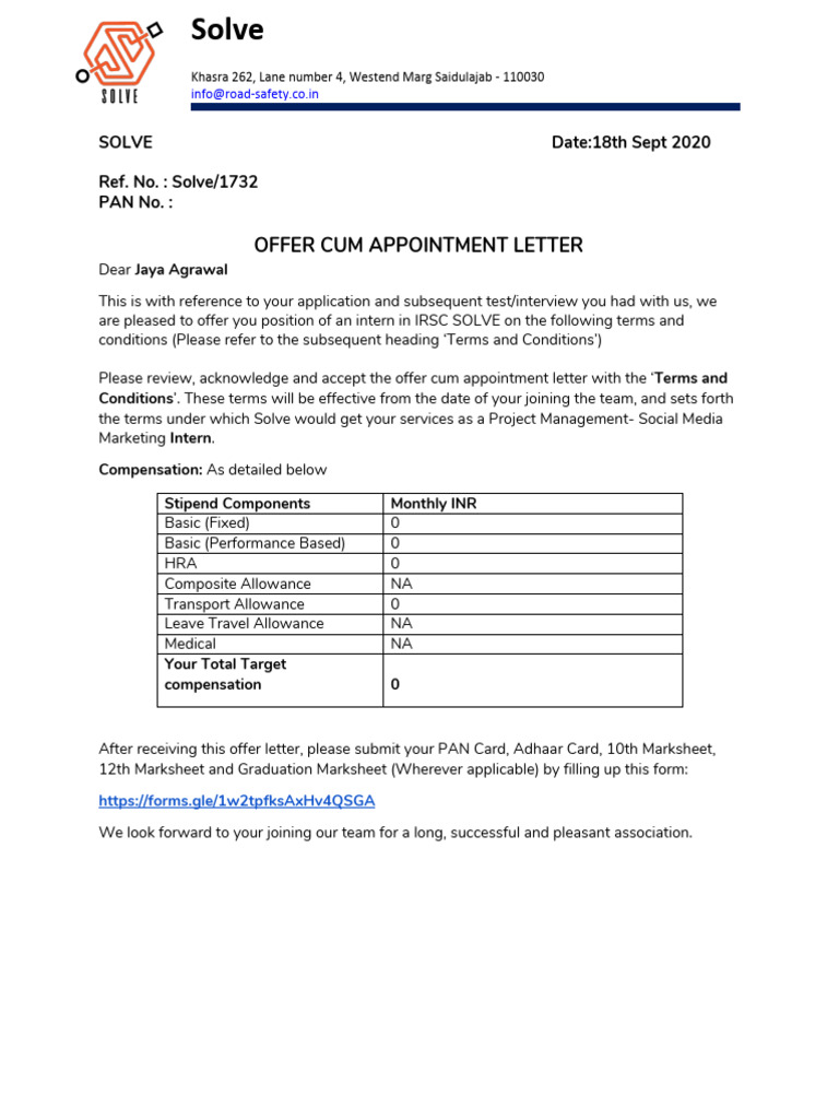 Offer Letter|| Jaya Agrawal || IRSC | PDF | Business Law | Private Law